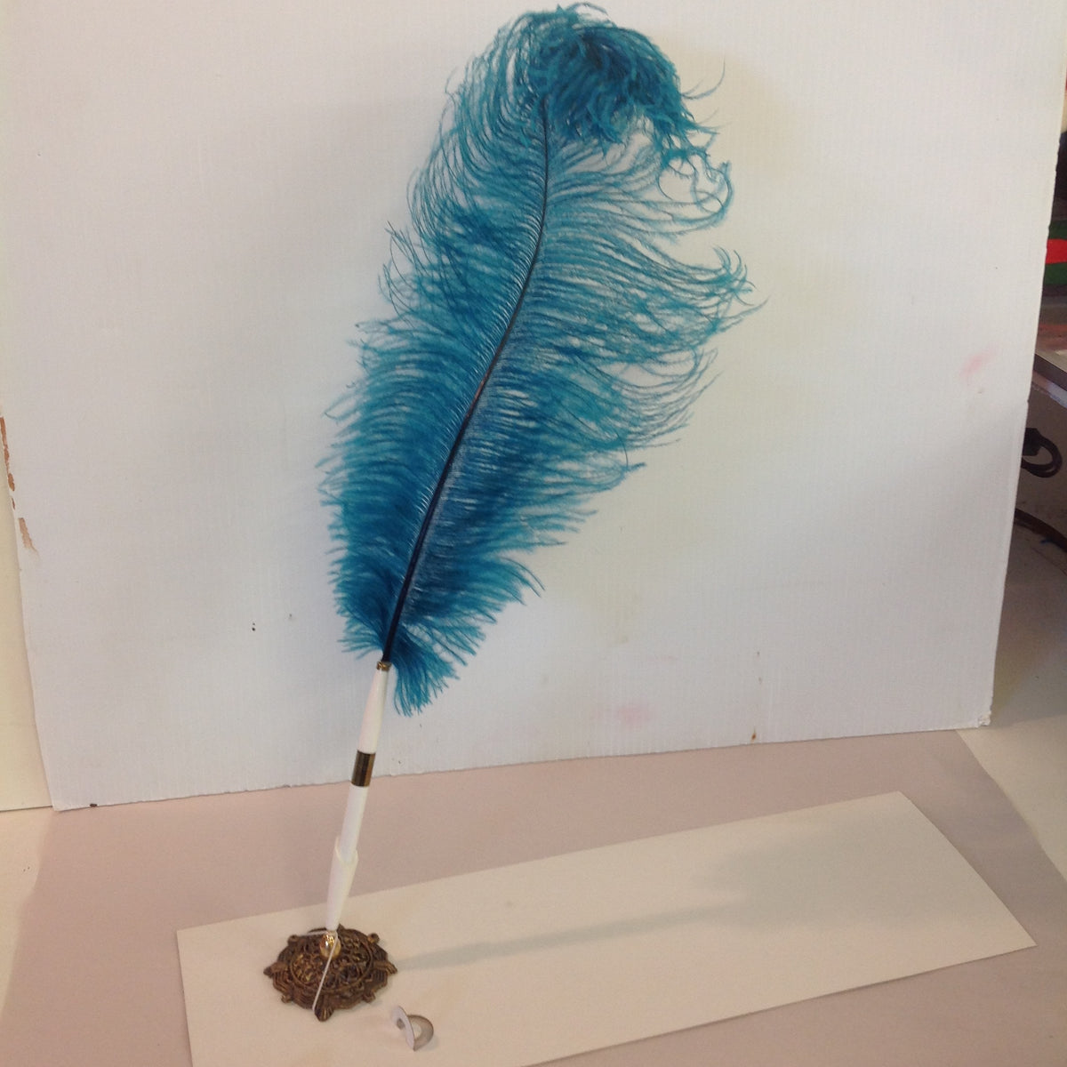 Vintage Aqua Blue Feather Quill Pen Set with Octagonal Brass Filigree ...