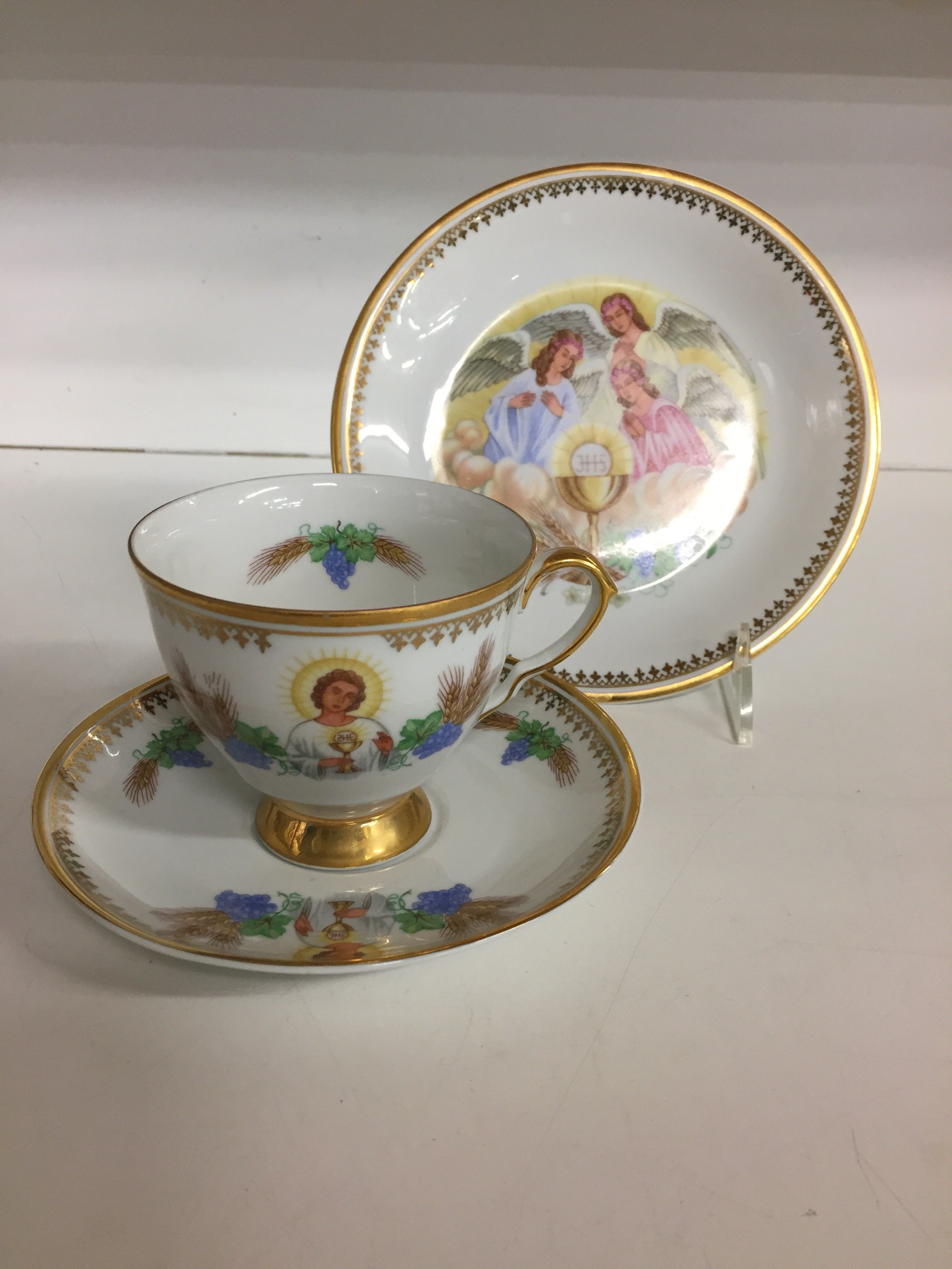 Vintage Religious 3 Piece Tea Cup, Sauce & Dessert Plate Angles JHS Ch ...
